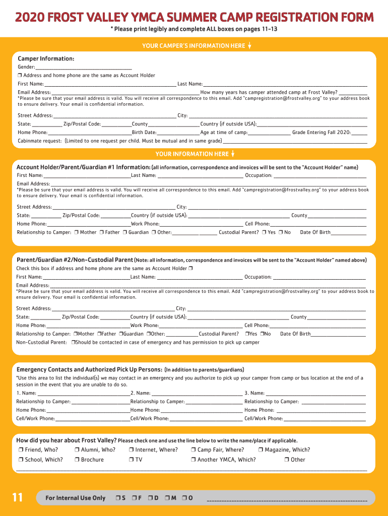 Fillable Online 2020 FROST VALLEY YMCA SUMMER CAMP REGISTRATION FORM ...