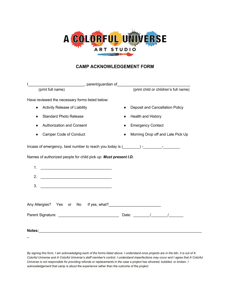 Fillable Online CAMP ACKNOWLEDGEMENT FORM Fax Email Print - pdfFiller