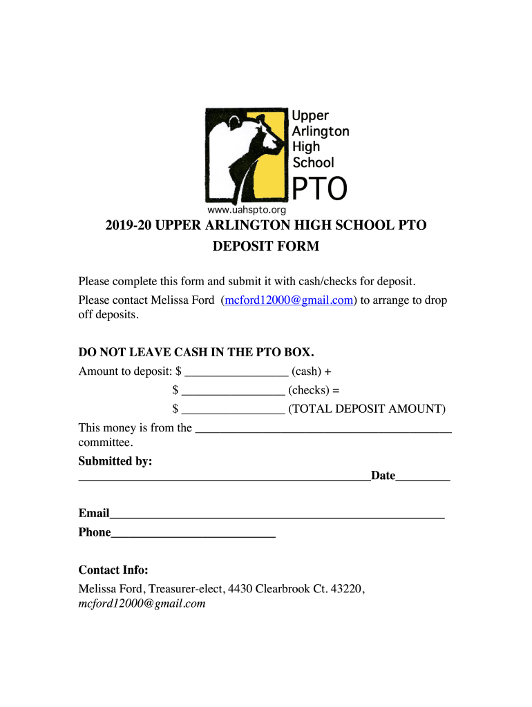 Fillable Online 2019s20 upper arlington high school pto deposit form ...