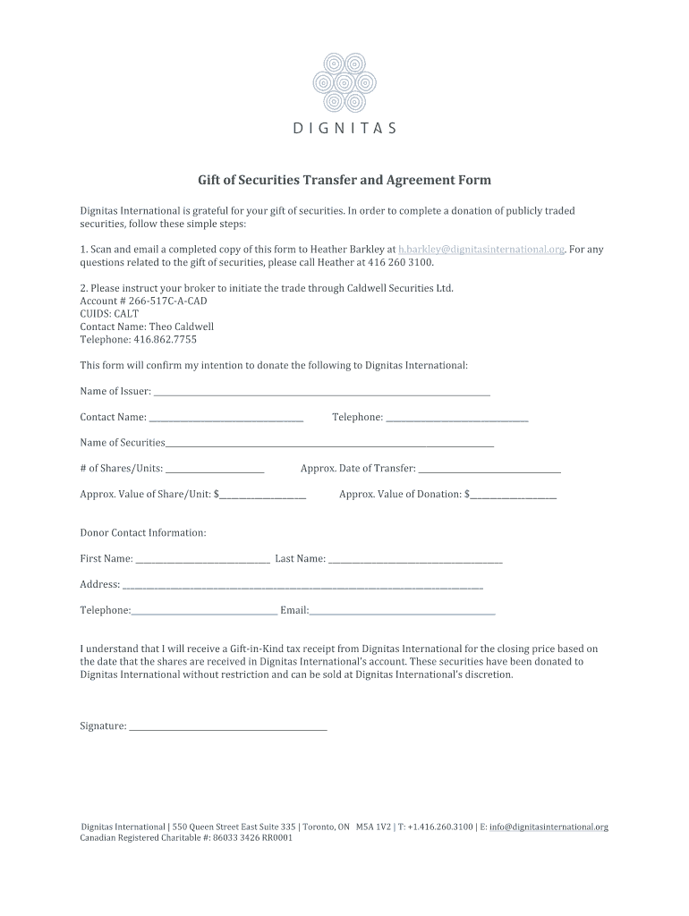Fillable Online 2016 DI Gift of Securities Transfer and Agreement Form-2 Fax Email Print - pdfFiller