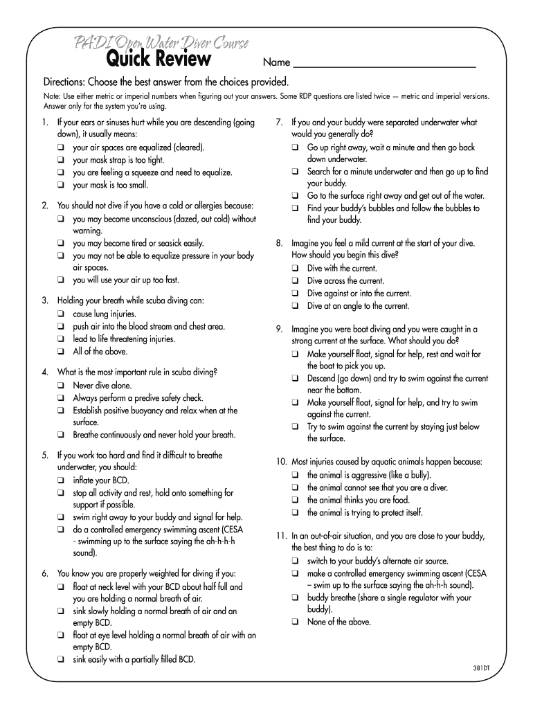 PADI Open Water Diver Course Quick Review - Blank Fillable Template ...