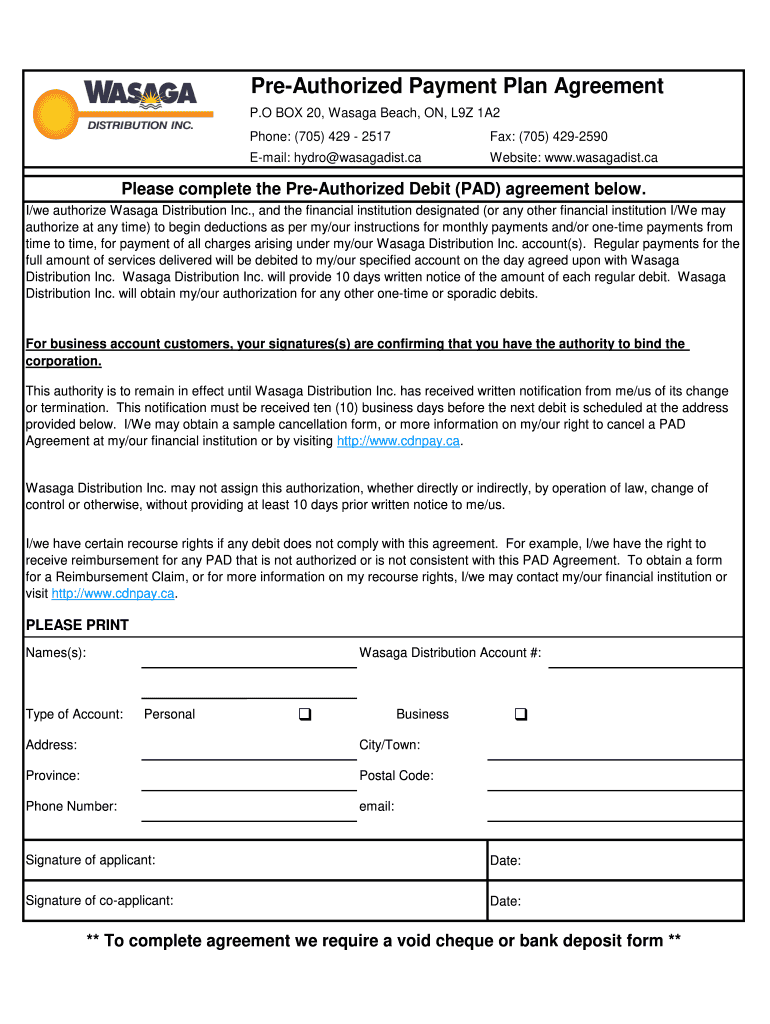 Fillable Online pre-authorized payment plan (pap) agreement - Town of ...