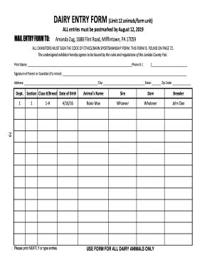 Fillable Online DAIRY ENTRY FORM (Limit 12 animals/farm unit) Fax Email ...