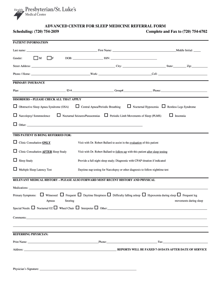 Fillable Online Advanced Center For Sleep Medicine Referral Form. Sleep ...