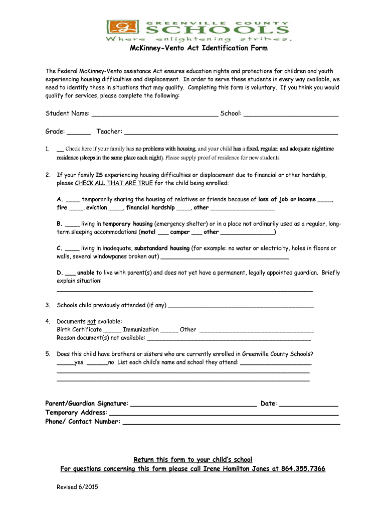 Fillable Online McKinney-Vento Act Identification Form - Greenville ...