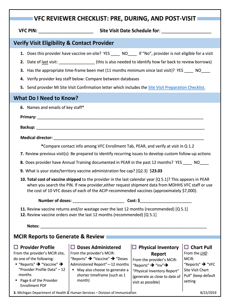 Fillable Online VFC REVIEWER CHECKLIST: PRE, DURING, AND POST-VISIT Fax ...