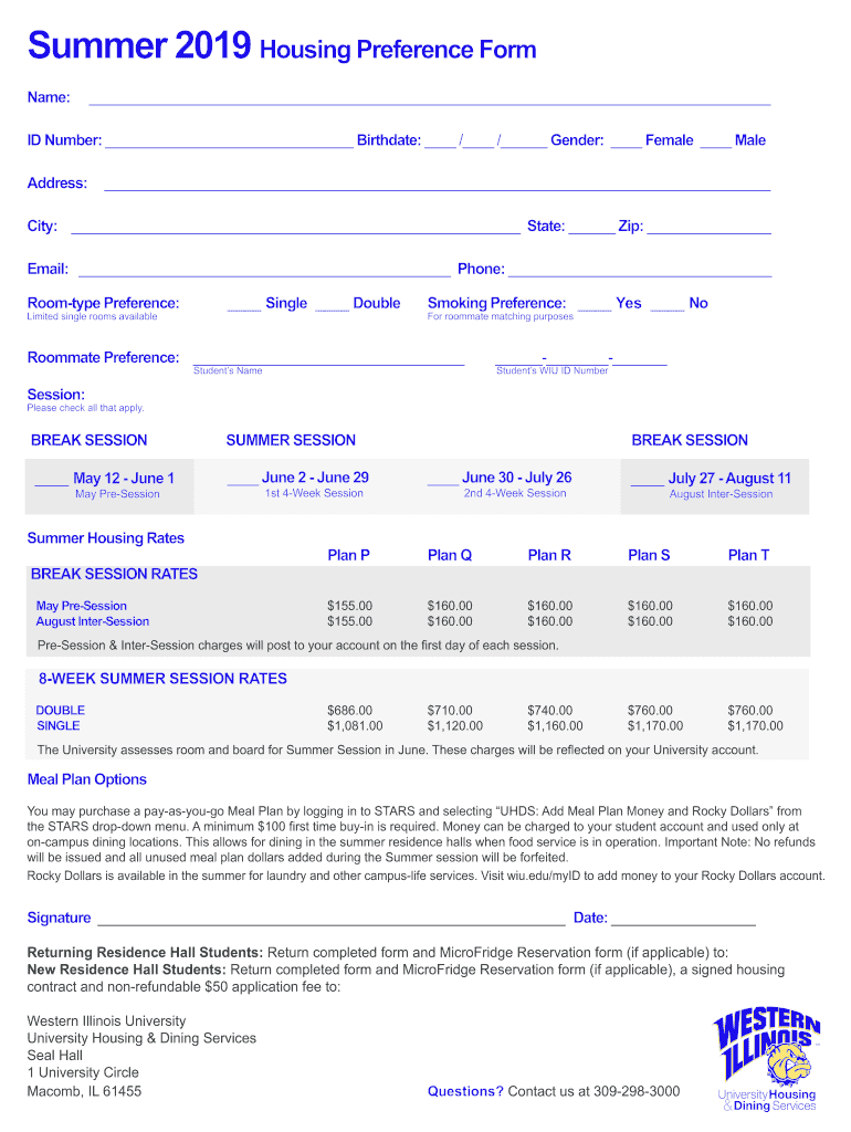 Fillable Online Summer 2019 Housing Preference Form Fax Email Print - pdfFiller