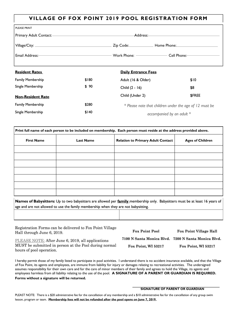 Fillable Online VILLAGE OF FOX POINT 2019 POOL REGISTRATION FORM Fax ...
