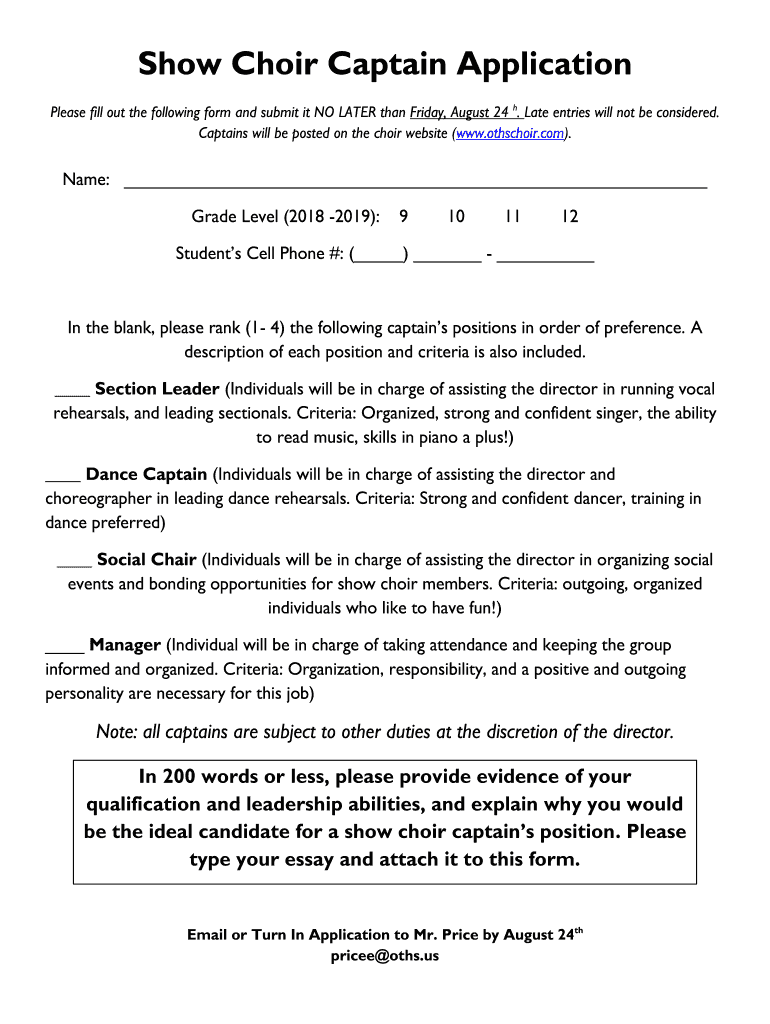 Fillable Online Show Choir Captain Application Fax Email Print - pdfFiller