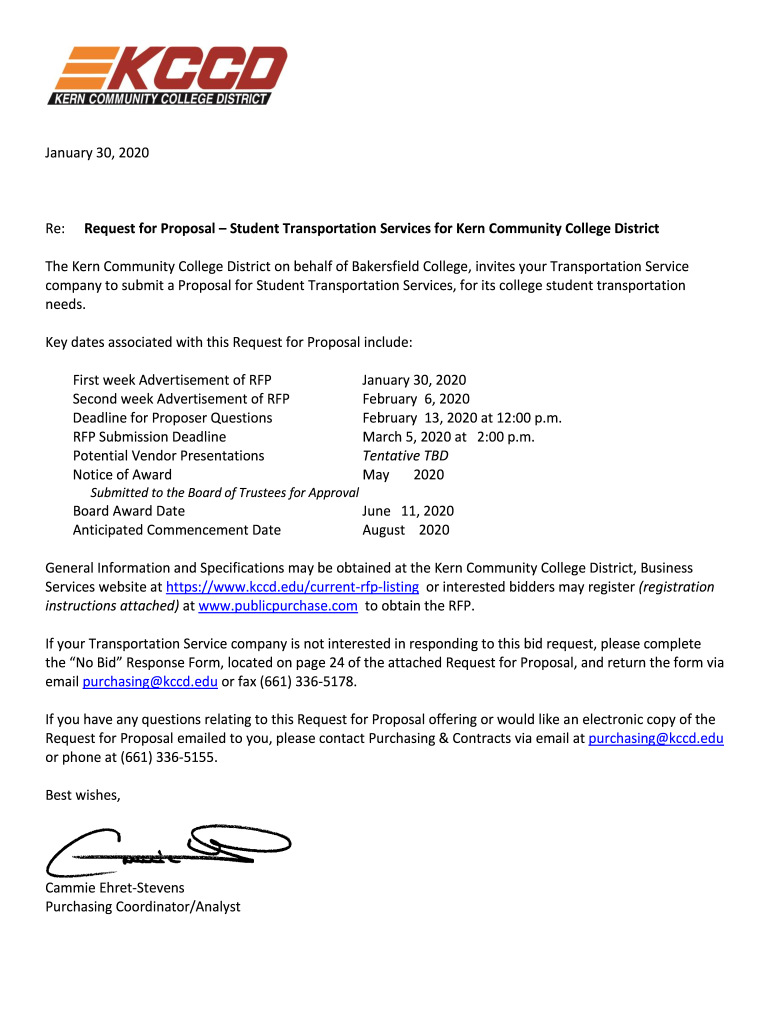 Fillable Online January 30, 2020 Re: Request for Proposal Student ...