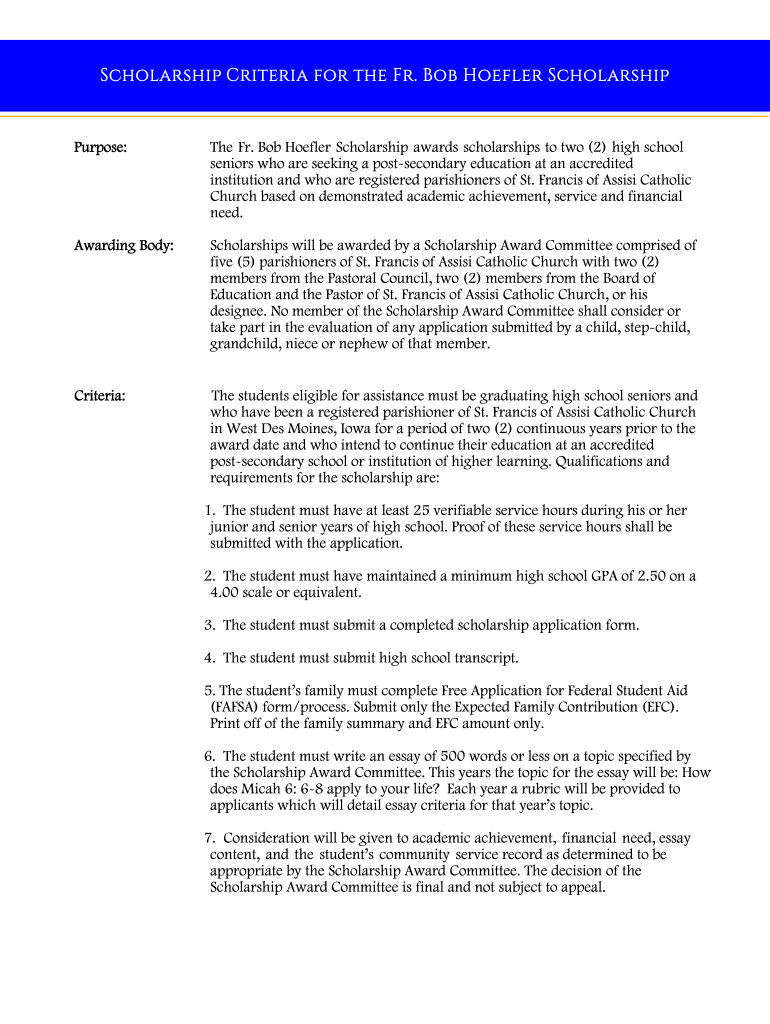 Fillable Online Scholarship Criteria for the Fr. Bob Hoefler ...