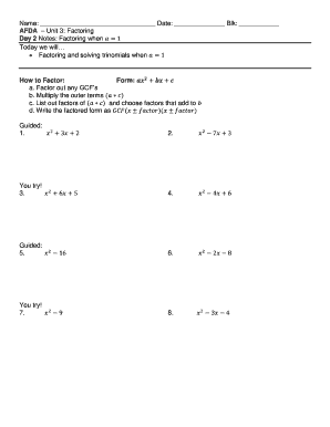 Fillable Online AFDA Unit 3: Factoring Name: Day 4 Notes: Factoring Day ...