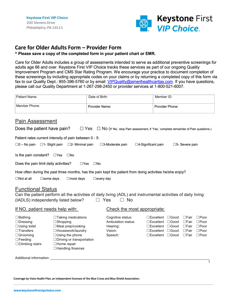 Fillable Online Care for Older Adults Assessment Form - First Choice ...