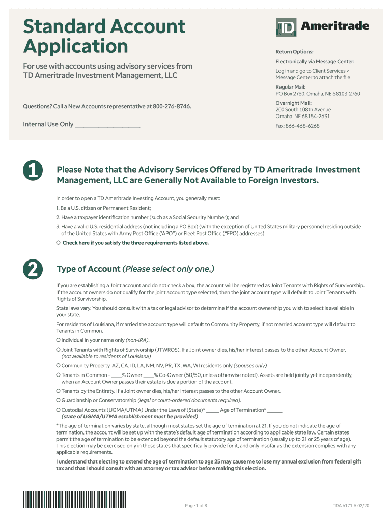 Fillable Online TDAIM Standard Account Application-TDA 0220 Fax Email ...