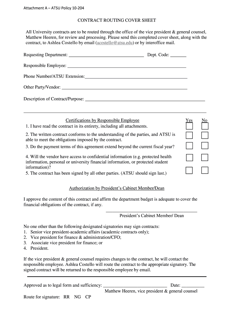 Fillable Online CONTRACT ROUTING COVER SHEET All University ... - ATSU ...