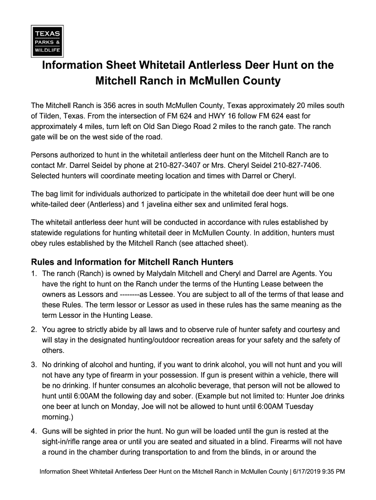 Fillable Online Information Sheet Whitetail Antlerless Deer Hunt on the Mitchell Ranch in ...