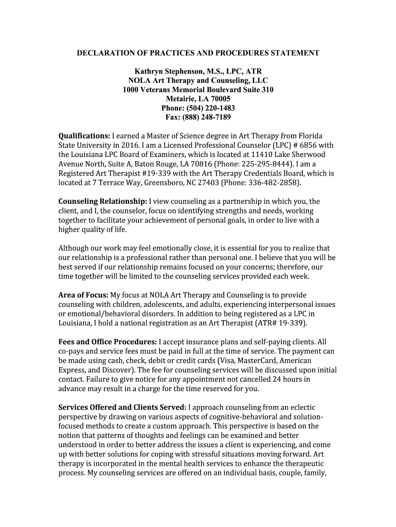 Fillable Online DECLARATION OF PRACTICES AND PROCEDURES STATEMENT Kathryn ... Fax Email Print ...