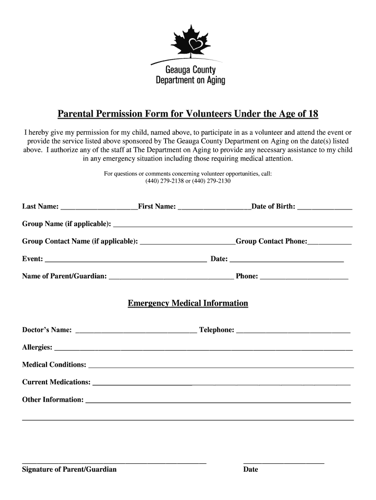 Fillable Online Parental Permission Form for Volunteers Under the Age ...