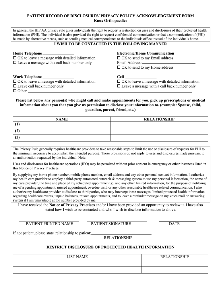 Fillable Online Patient Record of Disclosures/Privacy Policy Acknowledgement Form Fax Email ...
