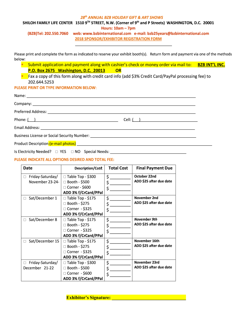 Fillable Online 28th ANNUAL BZB HOLIDAY GIFT & ART SHOWS Fax Email ...