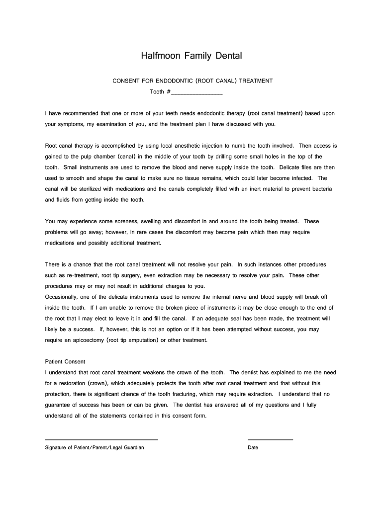 Fillable Online consent for endodontic (root canal) treatment ...