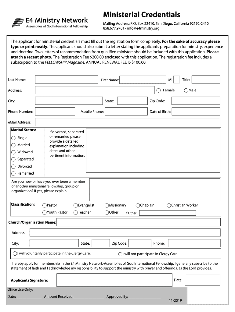 Fillable Online Ministerial Credentials Application Instructions for Submission Fax Email Print ...
