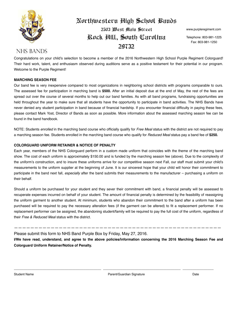 Fillable Online 2016 Colorguard Retainer Form Fax Email Print - pdfFiller
