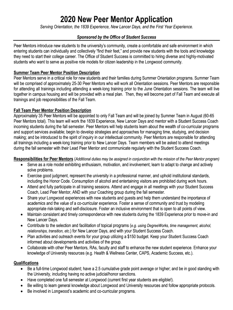 Fillable Online 2020 New Peer Mentor Application Fax Email Print - pdfFiller