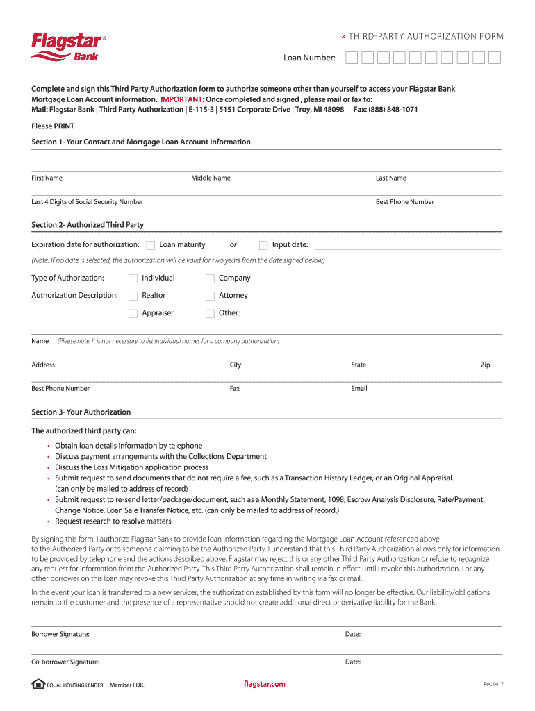Flagstar Bank Third Party Authorization Form 2017 2022 Fill And Sign 