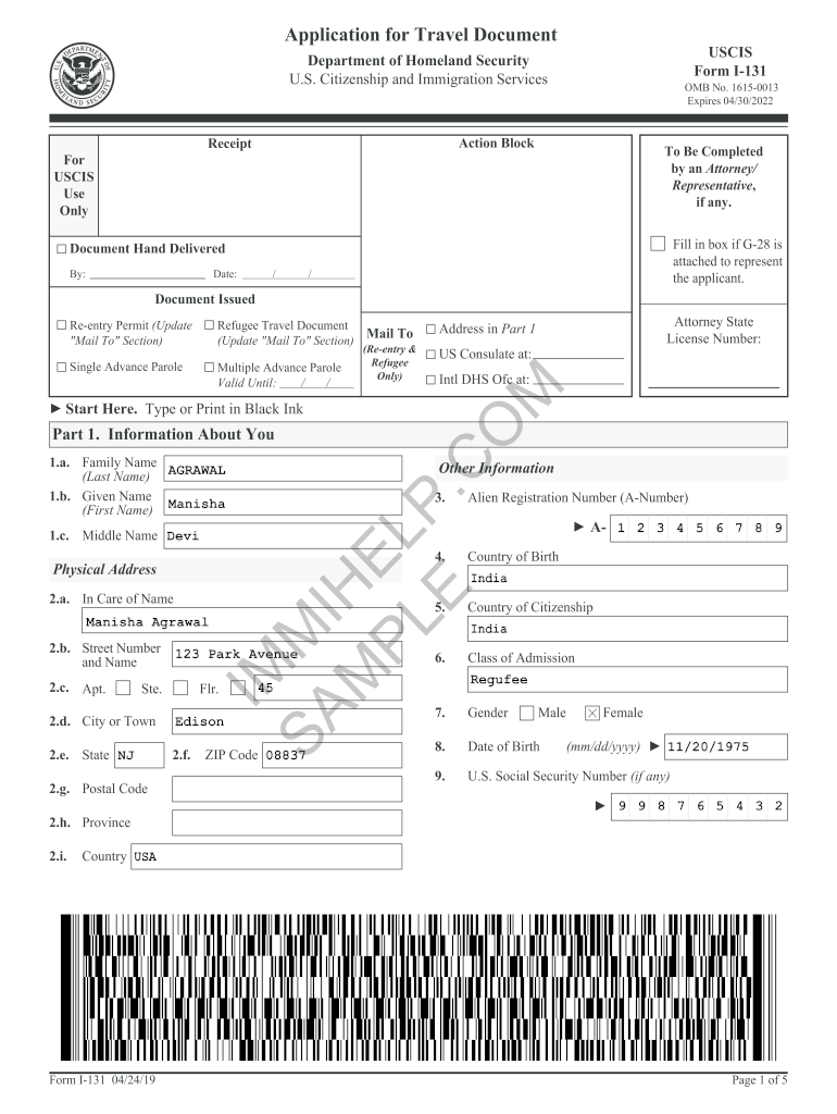 Fillable Online Sample I-131 Form - Application for Refugee Travel ...