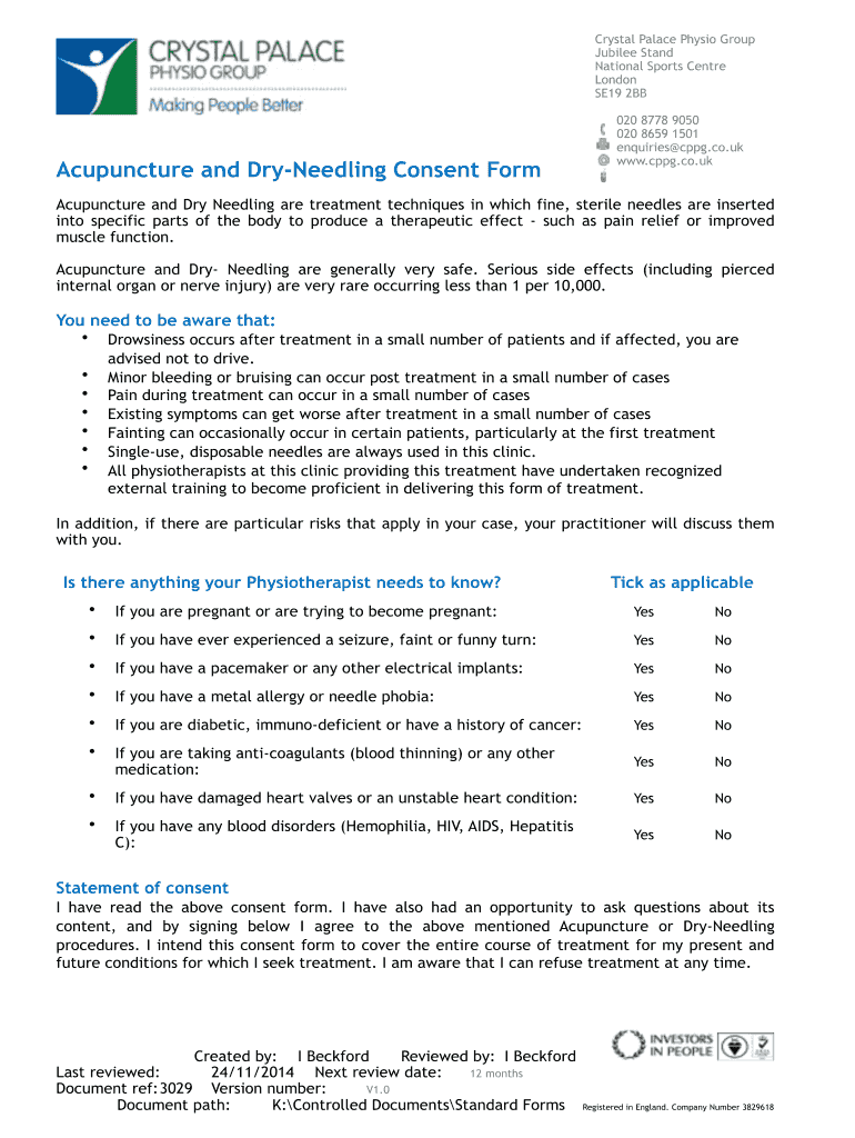Fillable Online Acupunture and dry needling consent form - Crystal ...