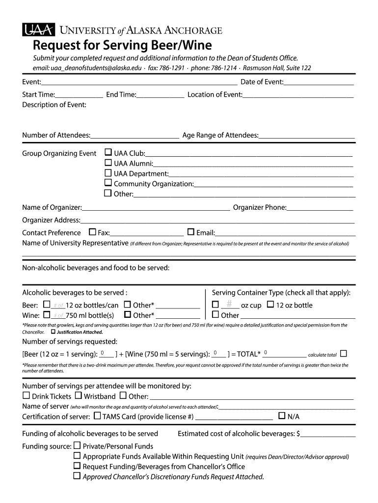Fillable Online Request for Serving Beer/Wine Fax Email Print - pdfFiller