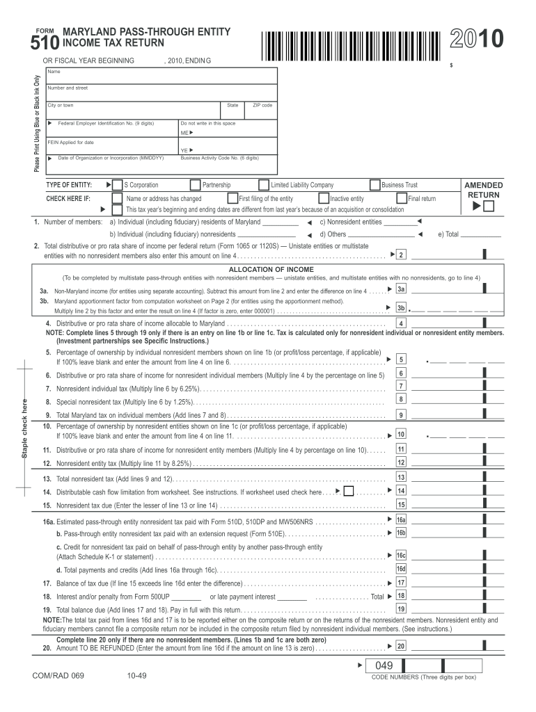 Fillable Online Tax Year 2010 - Form 510 Maryland Pass-Through Entity ...