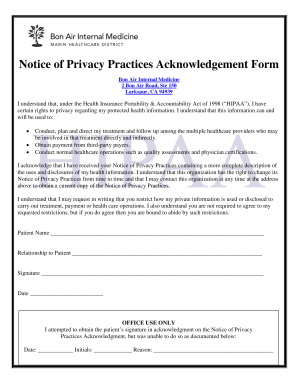 Fillable Online Notice of Privacy Practices Acknowledgement Form ...