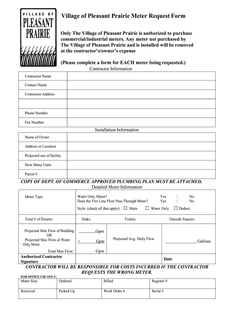 Fillable Online Village of Pleasant Prairie Meter Request Form Fax Email Print - pdfFiller