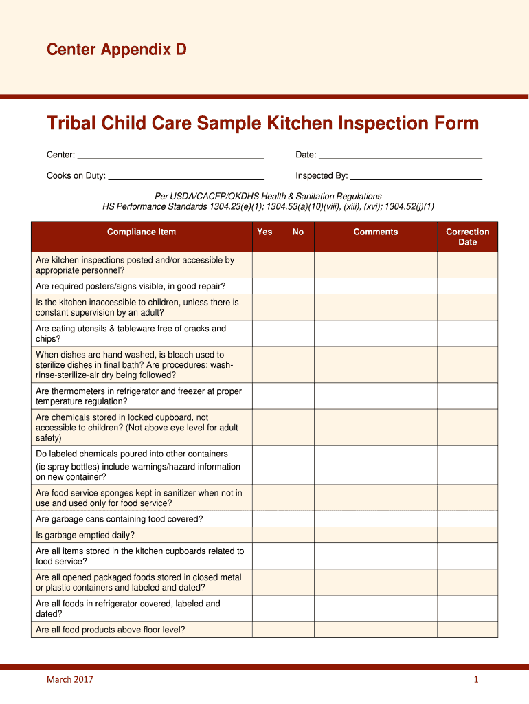 Fillable Online Tribal Child Care Sample Kitchen Inspection Form Fax ...
