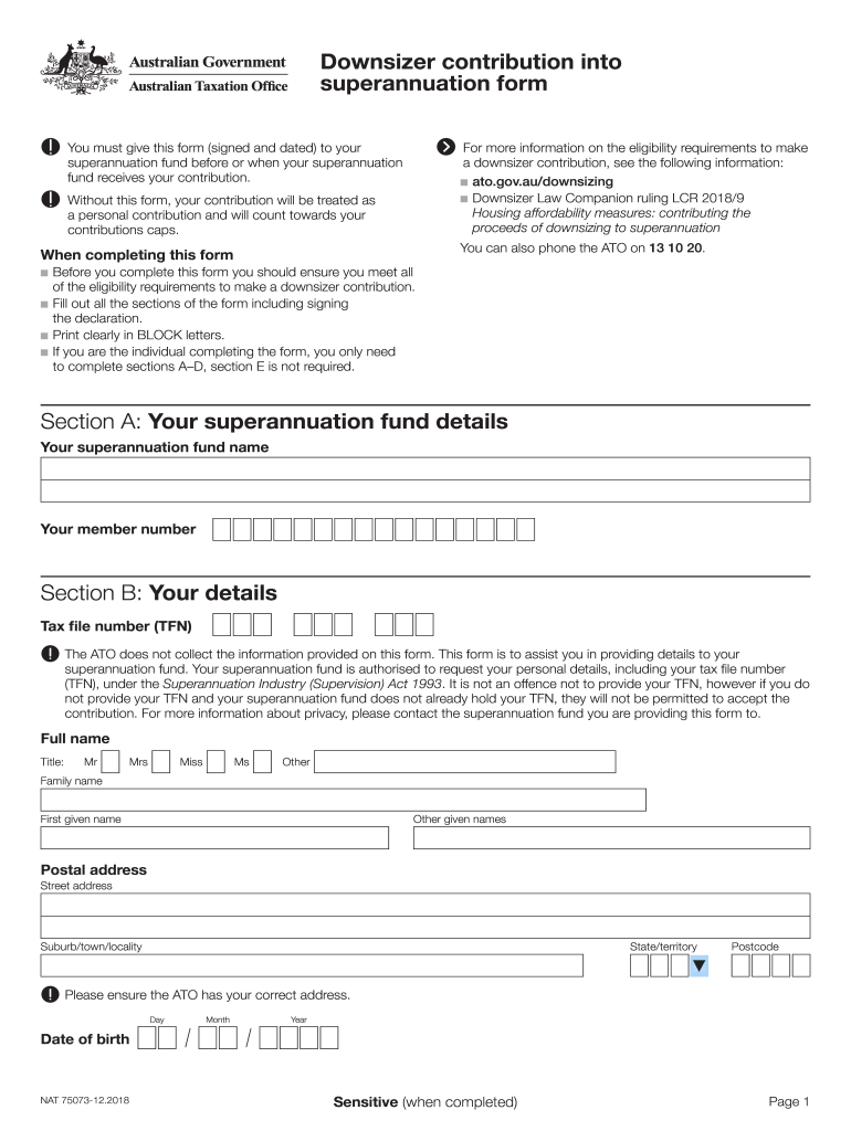 Fillable Online Downsizer contribution into superannuation form Fax ...