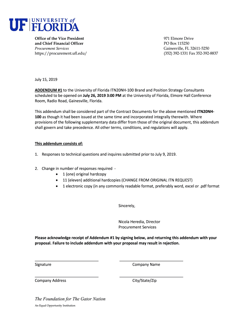 Fillable Online ADDENDUM #1 to the University of Florida ITN20NH-100 ...