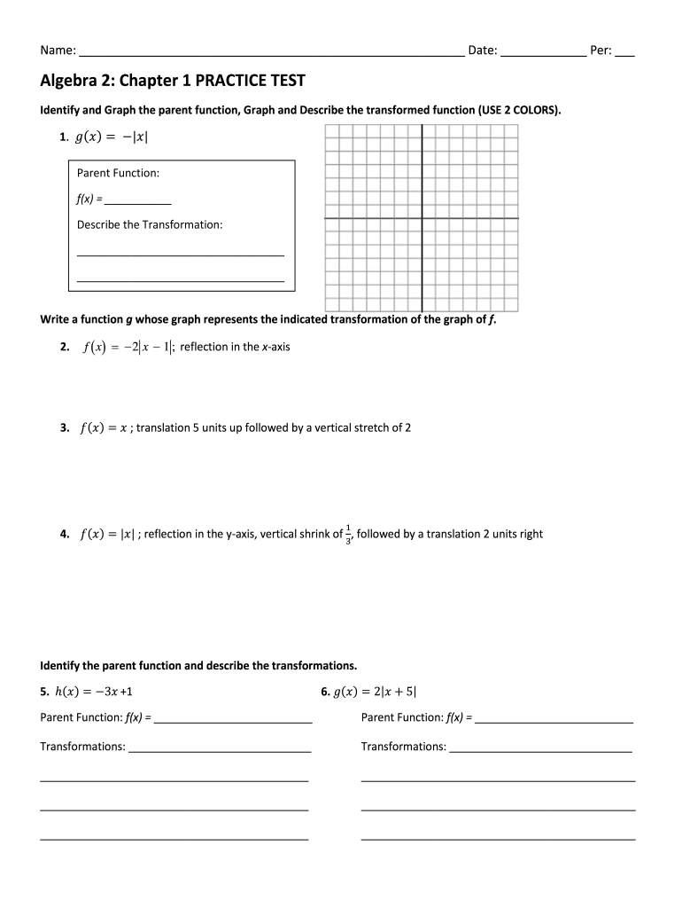 Fillable Online Algebra 2: Chapter 1 PRACTICE TEST Fax Email Print ...