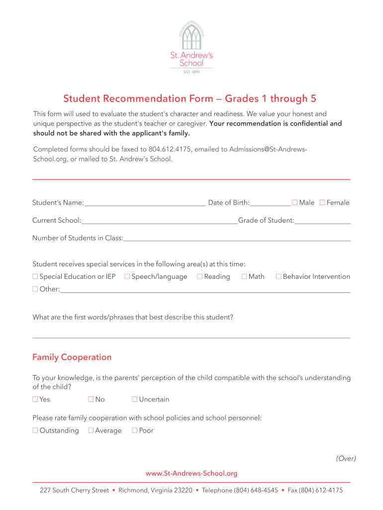 Fillable Online Student Recommendation Form Grades 1 through 5 Fax Email Print - pdfFiller
