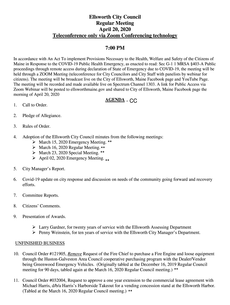 Fillable Online Teleconference only via Zoom Conferencing technology ...