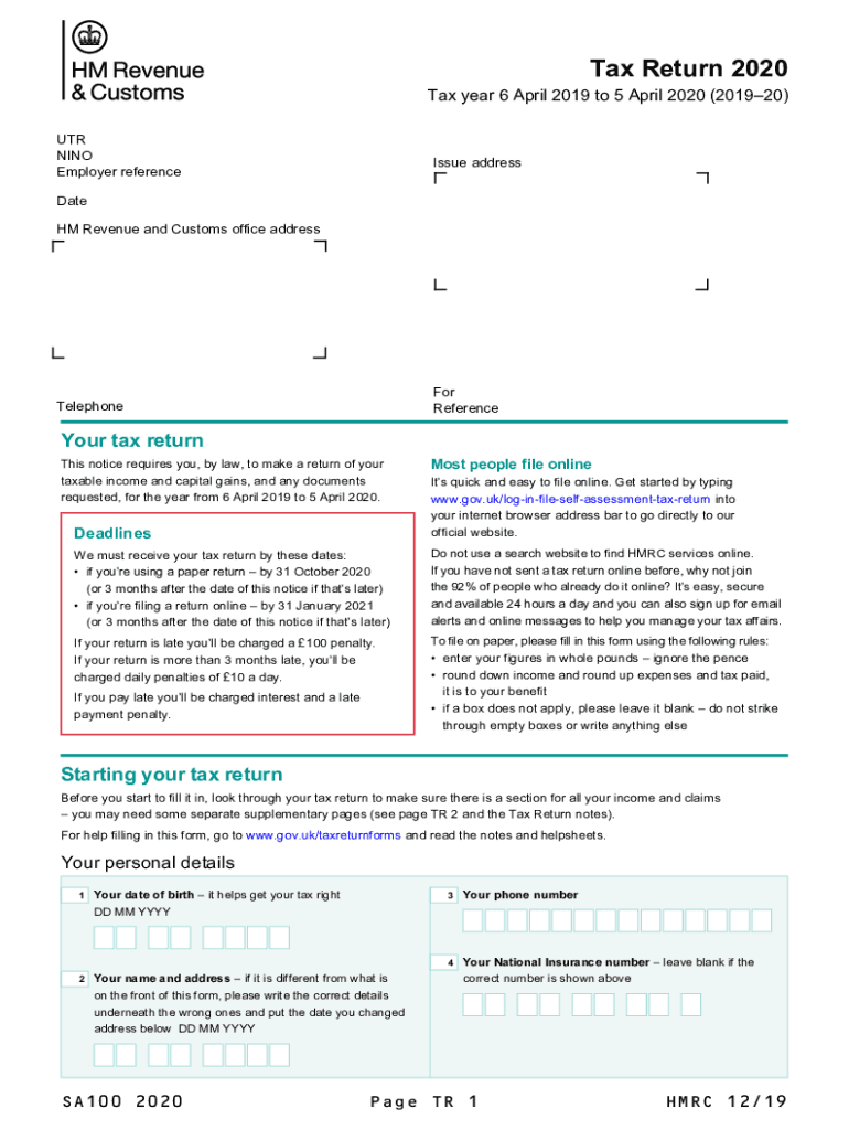 UK Form SA100 2020 2022 Fill And Sign Printable Template Online US 