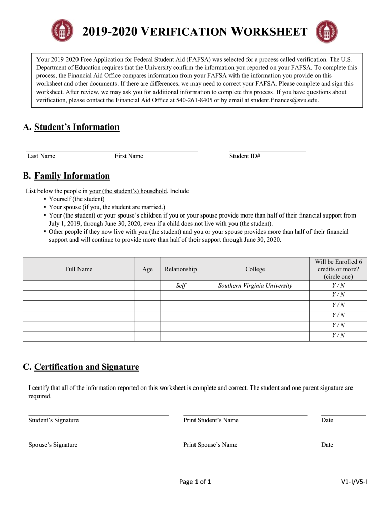 Fillable Online 2019-2020 Verification Worksheet - Student Financial ...
