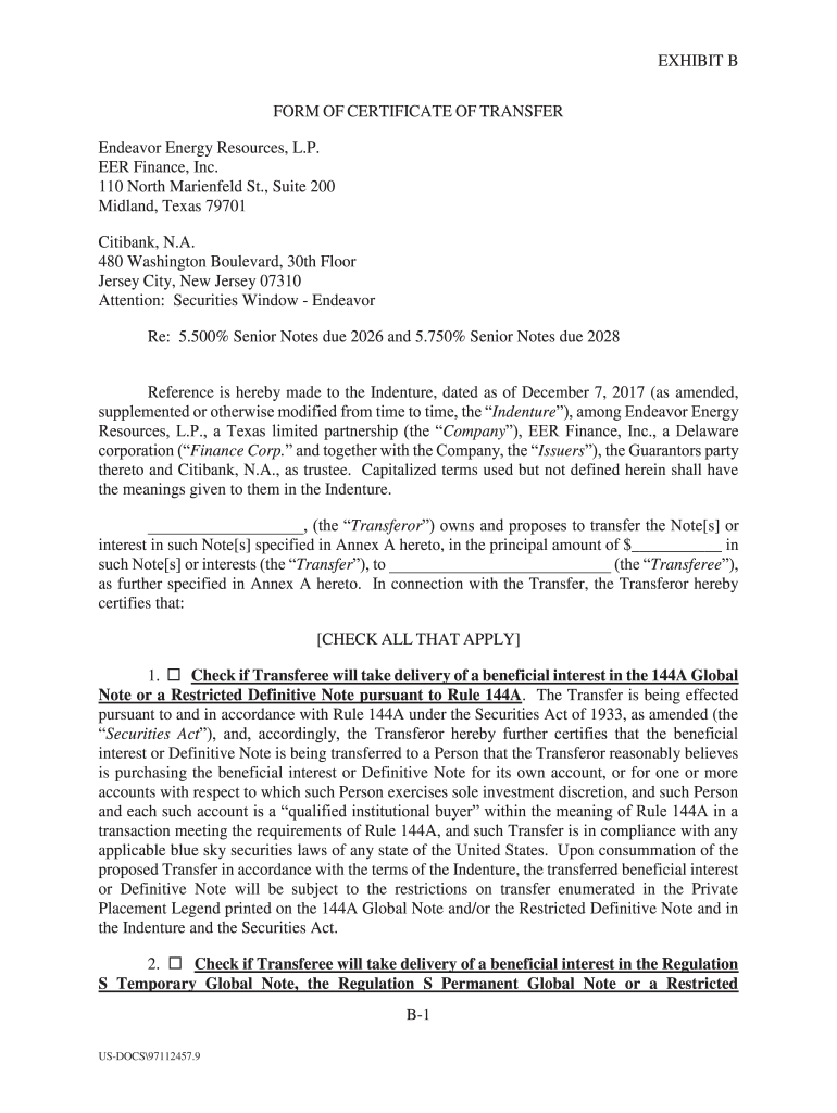Fillable Online EXHIBIT B B-1 FORM OF CERTIFICATE OF TRANSFER ... Fax ...