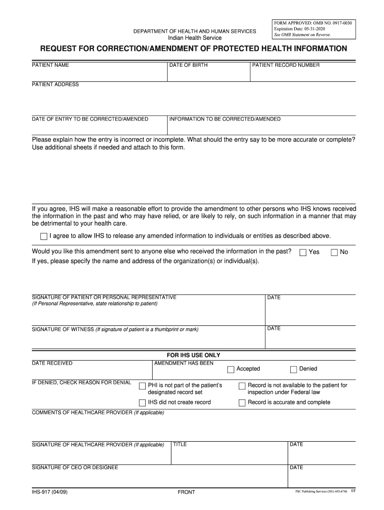 Fillable Online FORM IHS-917. Request for Correction/Amendment of Protected Health Information ...