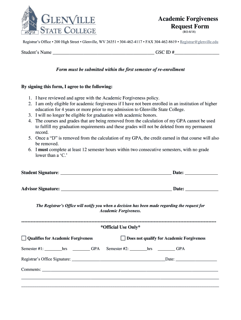 Fillable Online Academic Forgiveness Request Form - Glenville State ...