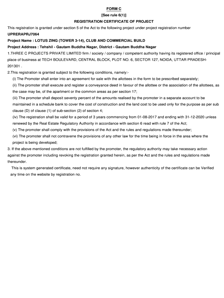 Fillable Online FORM C REGISTRATION CERTIFICATE OF PROJECT This ... Fax ...