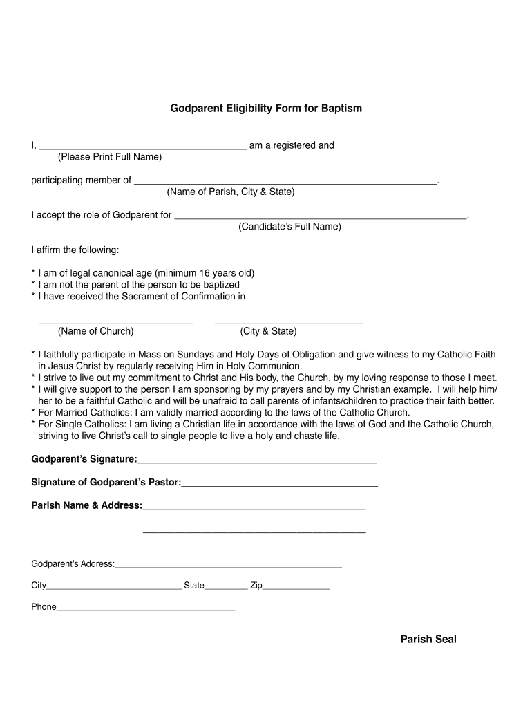 Fillable Online Baptism Godparent Eligibility Form - champaigncatholics ...