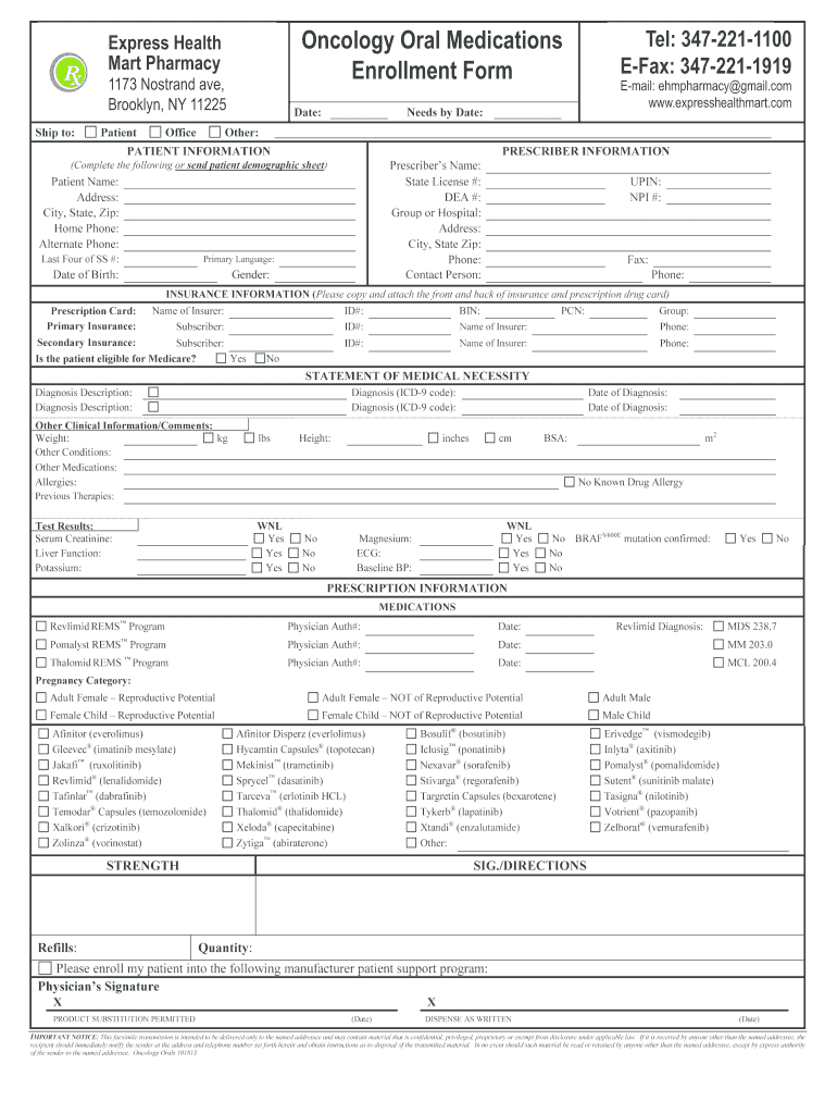 Fillable Online Oncology Oral Medications Enrollment Form - Express Health ... Fax Email Print ...