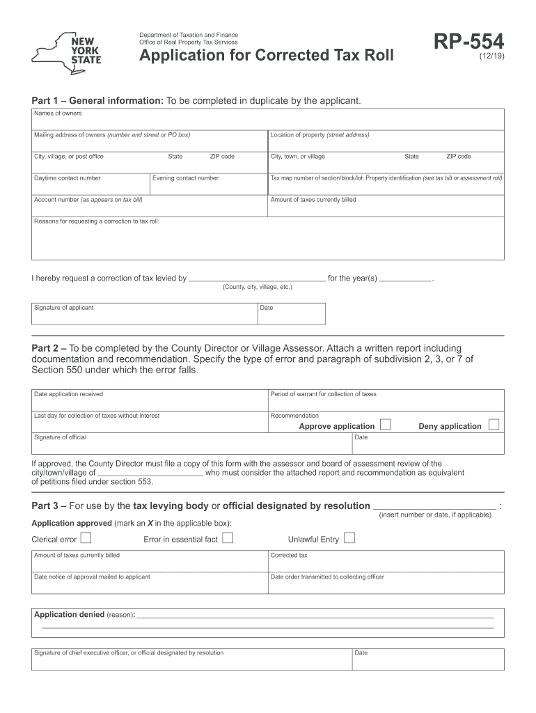 Fillable Online Form RP-554:12/19:Application for Corrected Tax Roll:rp554 Fax Email Print ...